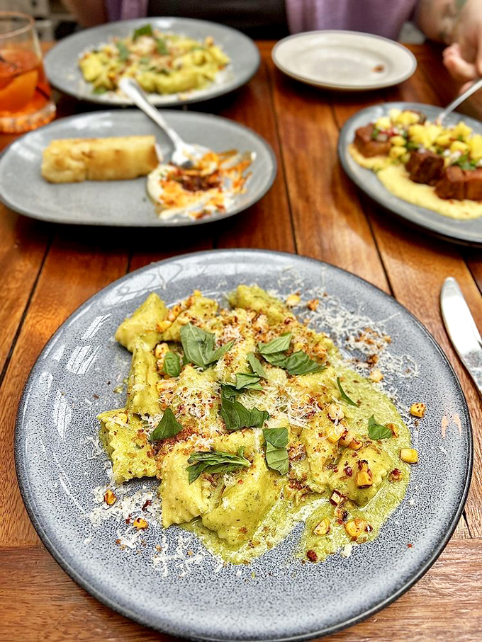 Pasta pillows cradling treasures from both land and sea. The sauce isn't just a condiment&mdash;it's the silk robe this dish deserves.