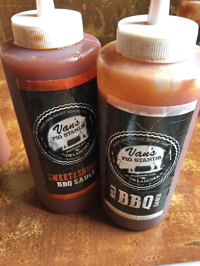 Van's sauces come in squeeze bottles because civilization advanced precisely for moments like this. Sweet smoke meets tangy perfection.