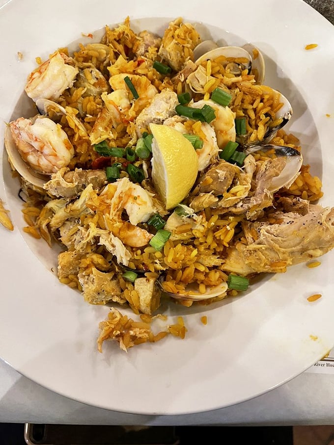 Savannah paella brings the Mediterranean to the Lowcountry with seafood nestled in saffron rice like treasures waiting to be discovered.
