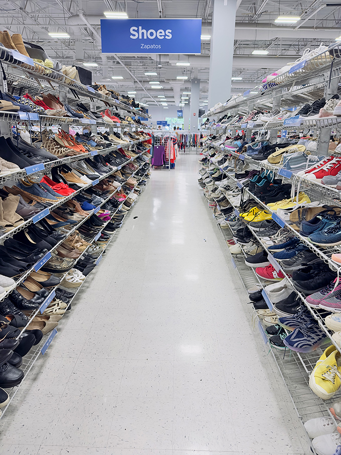 The shoe aisle stretches toward infinity like a footwear galaxy. Somewhere in this collection is the perfect pair waiting for its Cinderella moment.