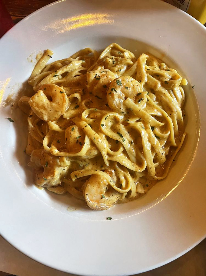 Pasta that doesn't need Italy's approval&mdash;these creamy noodles with plump shrimp are staging their own delicious revolution on a pristine white plate.