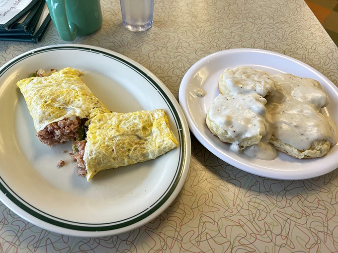 Left: a protein-packed envelope of morning joy. Right: biscuits swimming in gravy that could make a grown person weep with happiness.