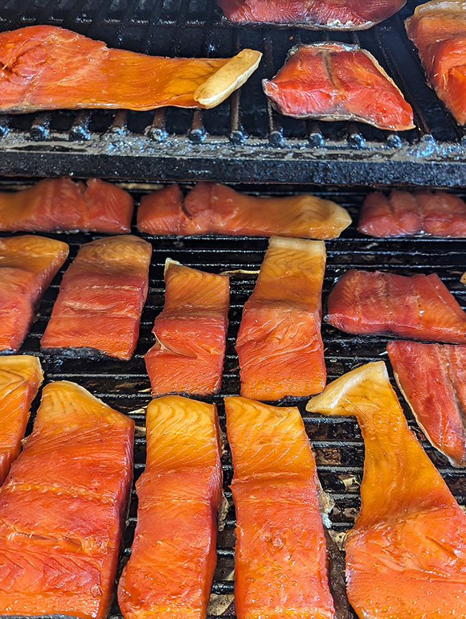Salmon transformed by smoke and time into something transcendent. These glistening orange jewels are Oregon's coastal equivalent of edible currency.