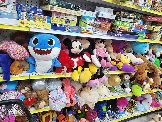 Stuffed animal adoption center where Baby Shark meets Mickey Mouse, proving that even plush toys deserve a second chance at cuddles.