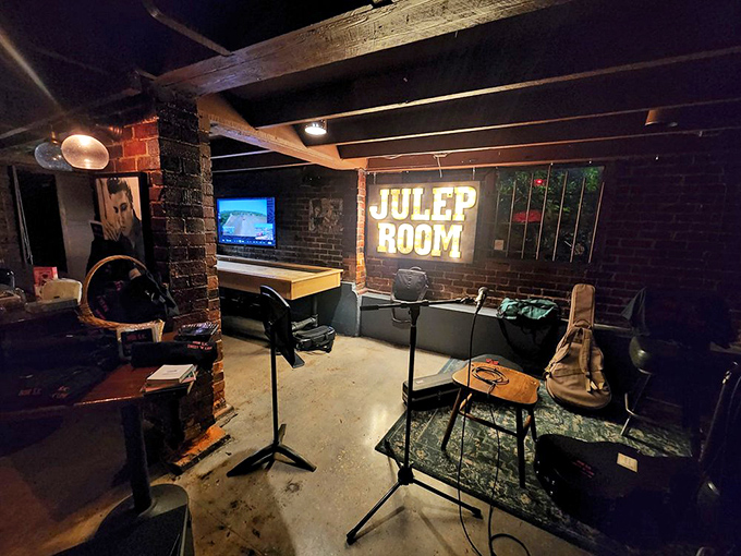 The Julep Room: where live music meets Southern spirits. Come for dinner, stay for cocktails and local tunes in this basement hideaway.