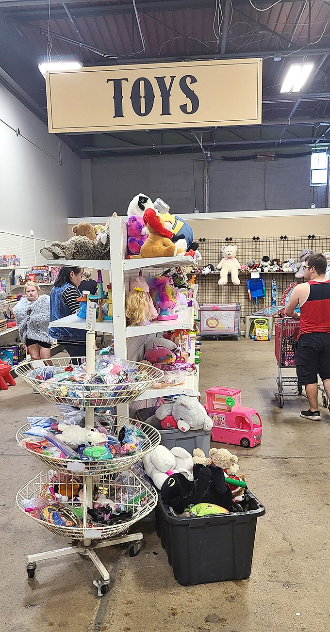 The toy section brings joy to new generations. Yesterday's beloved playthings find new adventures in the hands of today's children.