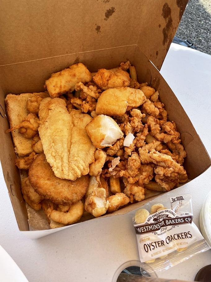 They call it the Treasure Chest for a reason&mdash;this cardboard box of golden-fried seafood bounty comes with its own oyster crackers treasure map.