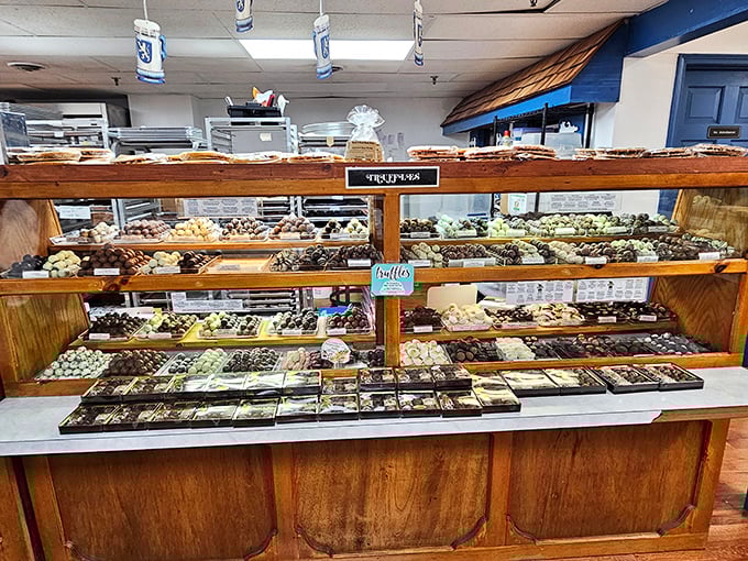 The United Nations of chocolate! This display case brings together diverse flavors in a delicious diplomatic summit of cocoa-based harmony.