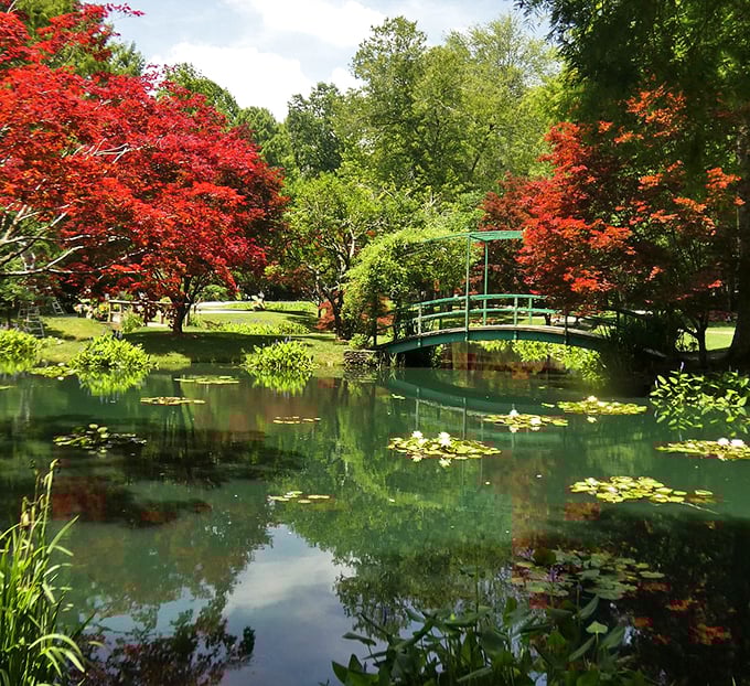 Monet would've canceled his water lily paintings and just pointed people here instead. That green bridge is practically begging for a photograph.