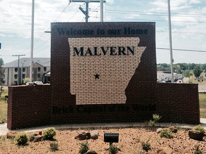 Nothing says "we're proud of our state" quite like a welcome sign shaped like Arkansas itself&mdash;built entirely of locally-made bricks, naturally.