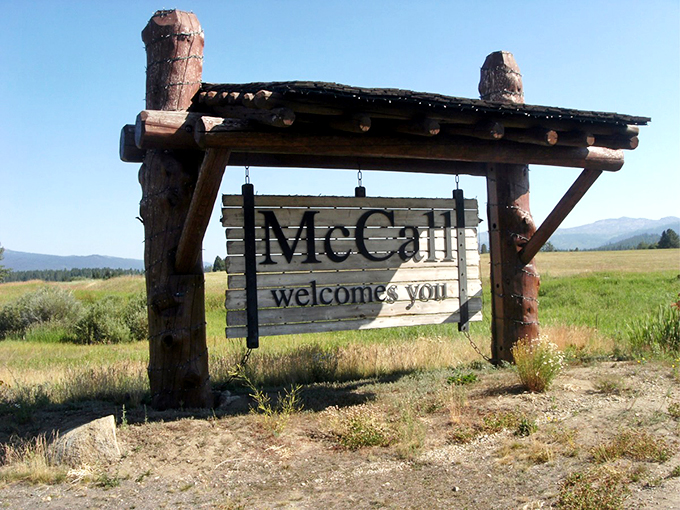 McCall's welcome sign embodies Idaho's rustic honesty&mdash;no neon, no gimmicks, just solid timber and a greeting as straightforward as the people.