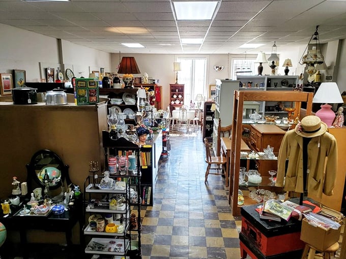 "Around every corner, a new discovery." The checkerboard flooring guides visitors through this multi-vendor wonderland where mid-century meets Victorian meets Americana.