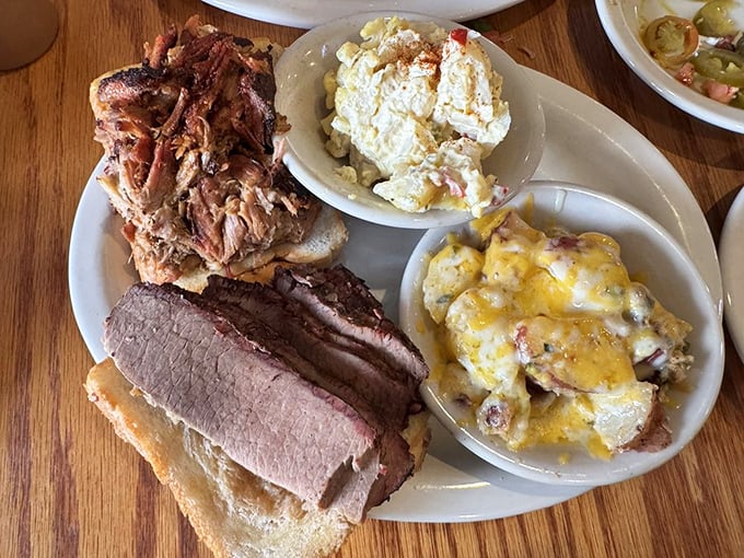 The barbecue sampler plate: nature's way of saying "life is too short to choose just one meat" when faced with such smoky perfection.