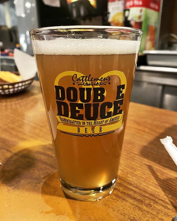 The Double Deuce beer arrives in a glass that means business&mdash;"handcrafted in the heart of America" pairs perfectly with everything on the menu.