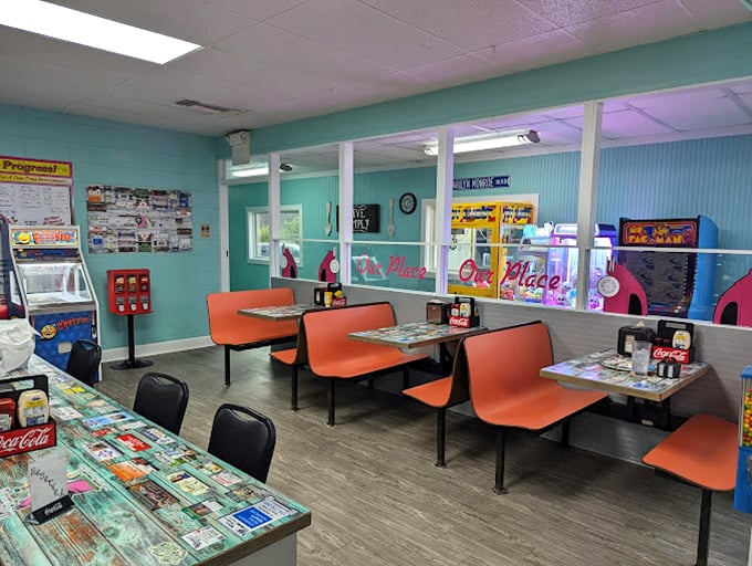 The coral-colored booths invite you to settle in and stay awhile. Many great food comas have begun in these very seats.