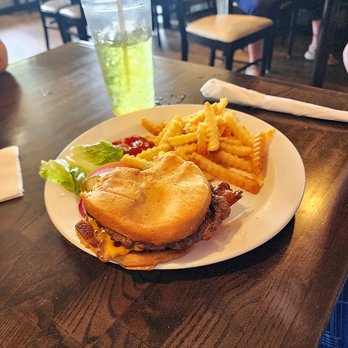 A burger that doesn't need fancy aioli or artisanal buns to impress—just honest ingredients and a kitchen that knows what it's doing.