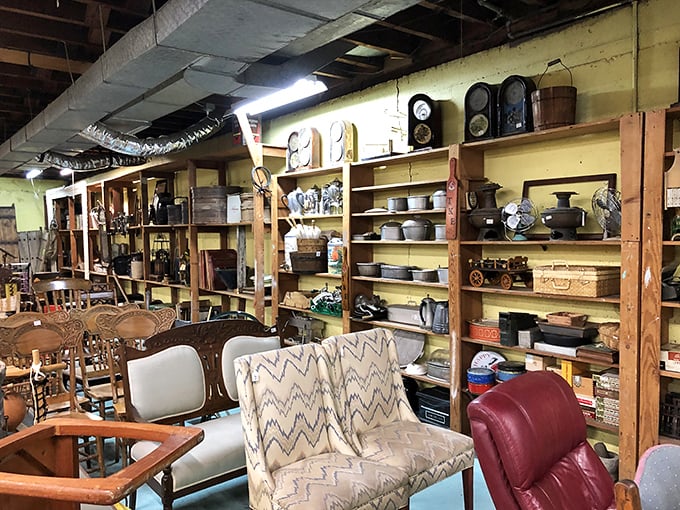 Furniture that tells stories sits patiently waiting for new homes&mdash;that chevron loveseat has probably heard more family secrets than a therapist.