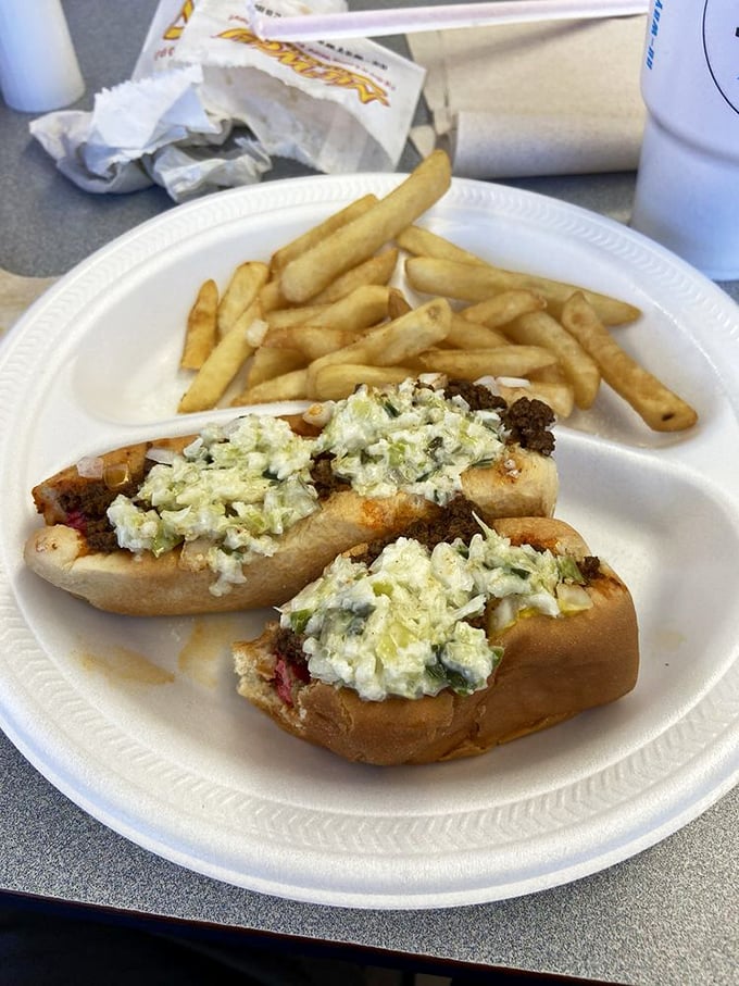 Slaw dogs that make coleslaw skeptics into believers. That cool, crisp cabbage creates the perfect counterpoint to the warm, spiced chili.