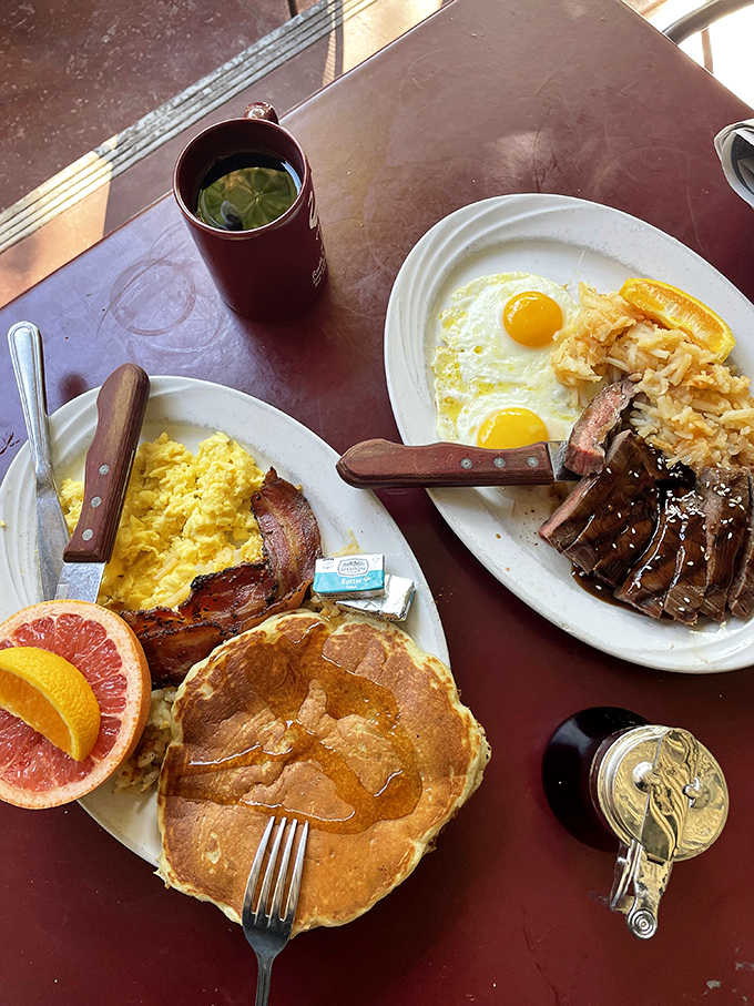 Breakfast spreads that would make even non-morning people set their alarms early. The maple syrup river flowing over those pancakes is calling my name.
