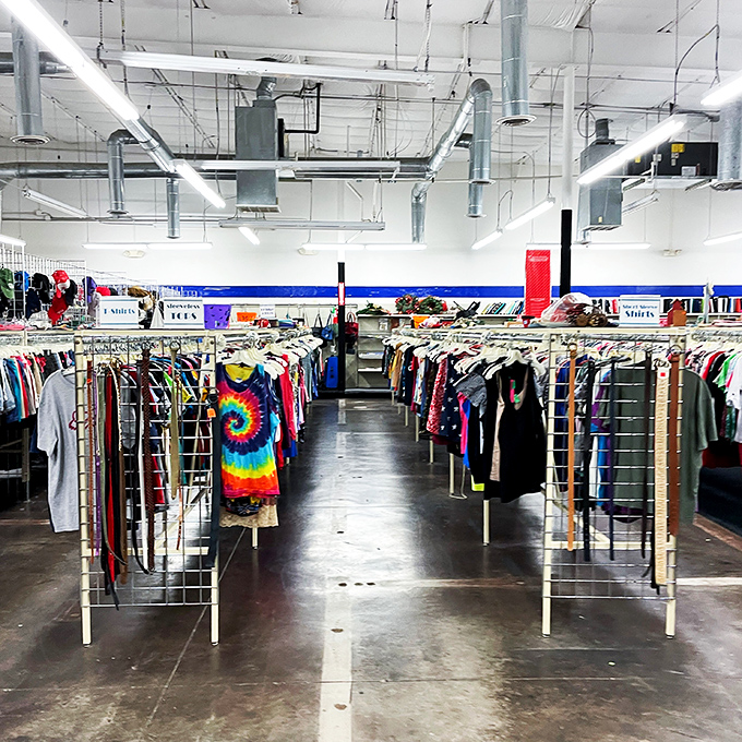 A rainbow explosion of fabric awaits! From vintage band tees to last season's designer duds, this clothing section is a fashionista's playground.