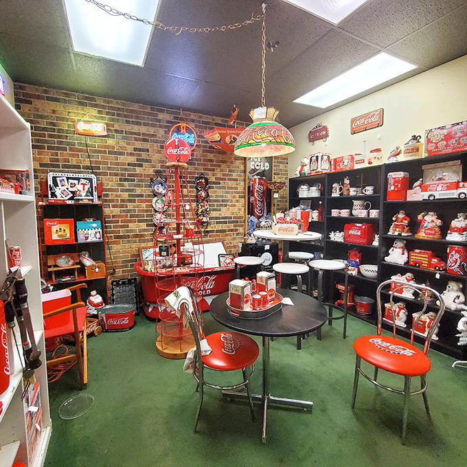 The Coca-Cola booth is a fizzy dream of Americana where even the ceiling light fixture stays on brand.