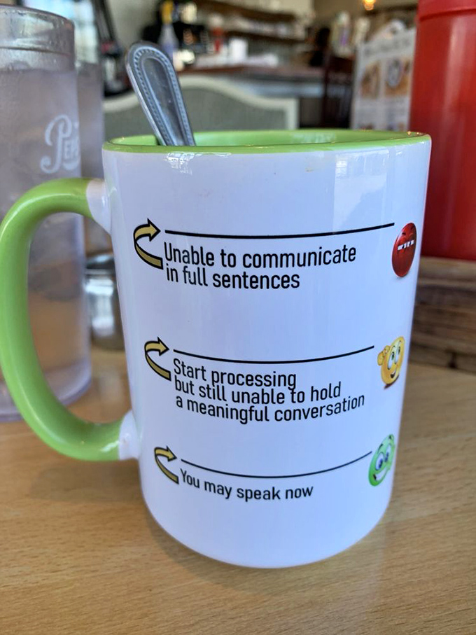 This coffee mug perfectly captures the morning evolution: from caffeine-deprived zombie to functioning human being. We've all been there.
