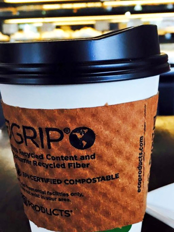 Even the coffee cups here speak to Marilyn's values&mdash;eco-friendly vessels for the liquid fuel that helps you justify "just one more" pastry.