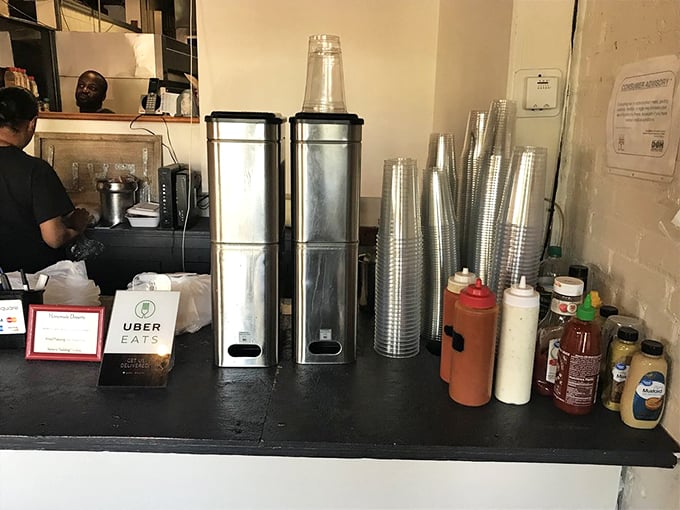 The condiment station &ndash; where good food becomes great food. That hot sauce bottle has seen things, told stories, created memories.