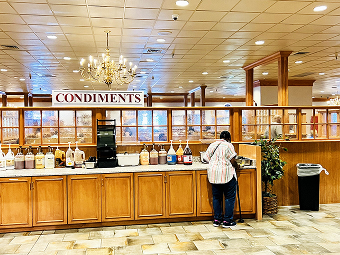 The condiment station: where ordinary meals transform into extraordinary experiences. Like a painter's palette, but every color tastes delicious.