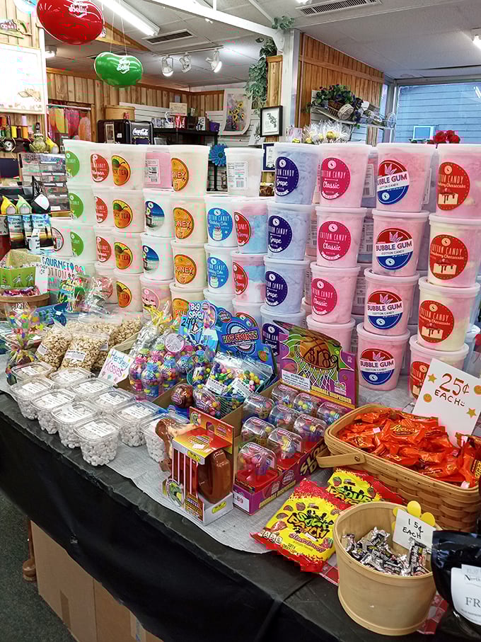 Cotton candy containers stacked like colorful building blocks &ndash; architecture that would make Willy Wonka proud.