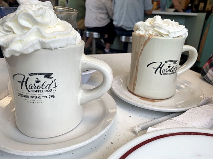 Hot chocolate that requires a spoon—and possibly a thank-you note. These whipped cream mountains might be visible from space.
