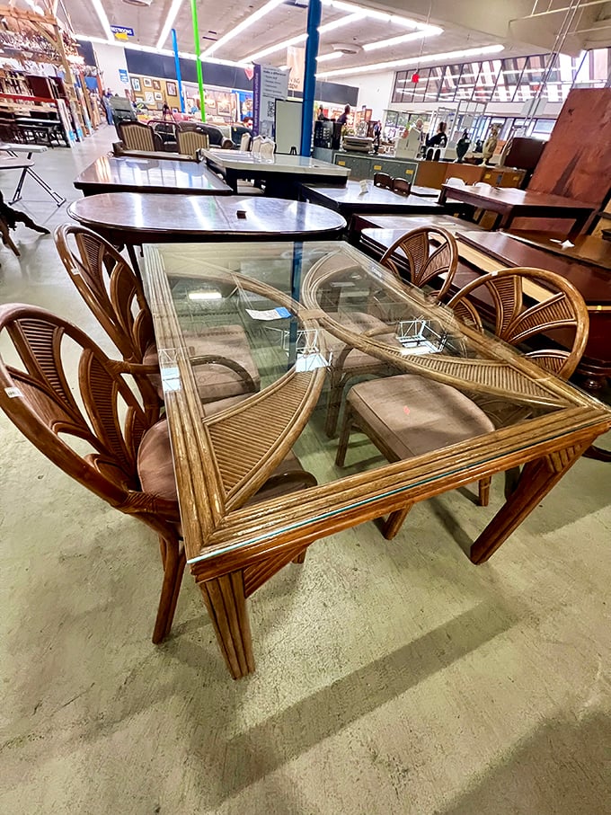 Wooden tables with character lines deeper than a Sam Elliott monologue&mdash;each scratch and dent a chapter in their previous lives.