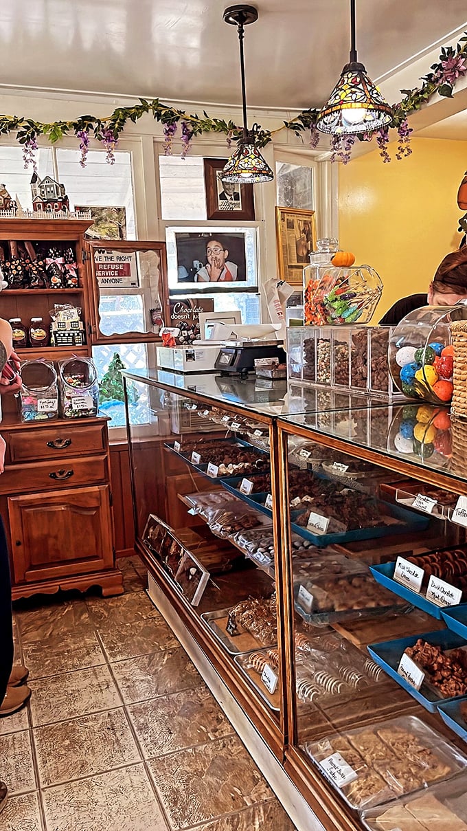Tiffany lamps illuminate treasures more valuable than diamonds to a sweet tooth. This corner of confectionery paradise makes jewelry stores seem boring by comparison.