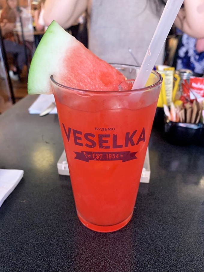 When East Village heat waves strike, Veselka fights back with refreshing watermelon cocktails that look like summer in a glass.