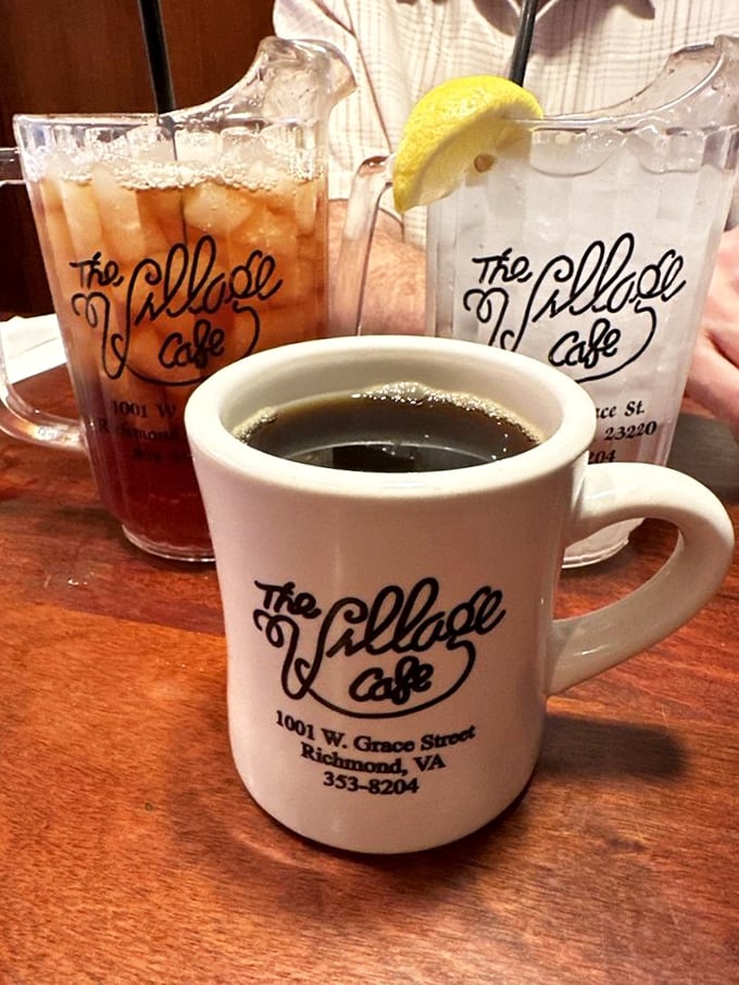 The holy trinity of diner beverages: coffee in a mug thick enough to withstand nuclear winter and two signature drinks in custom glasses.