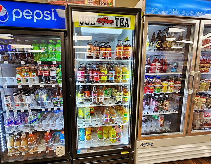 The drink cooler &ndash; where decisions about sandwich pairings become philosophical questions. That "JOE TEA" is calling your name.