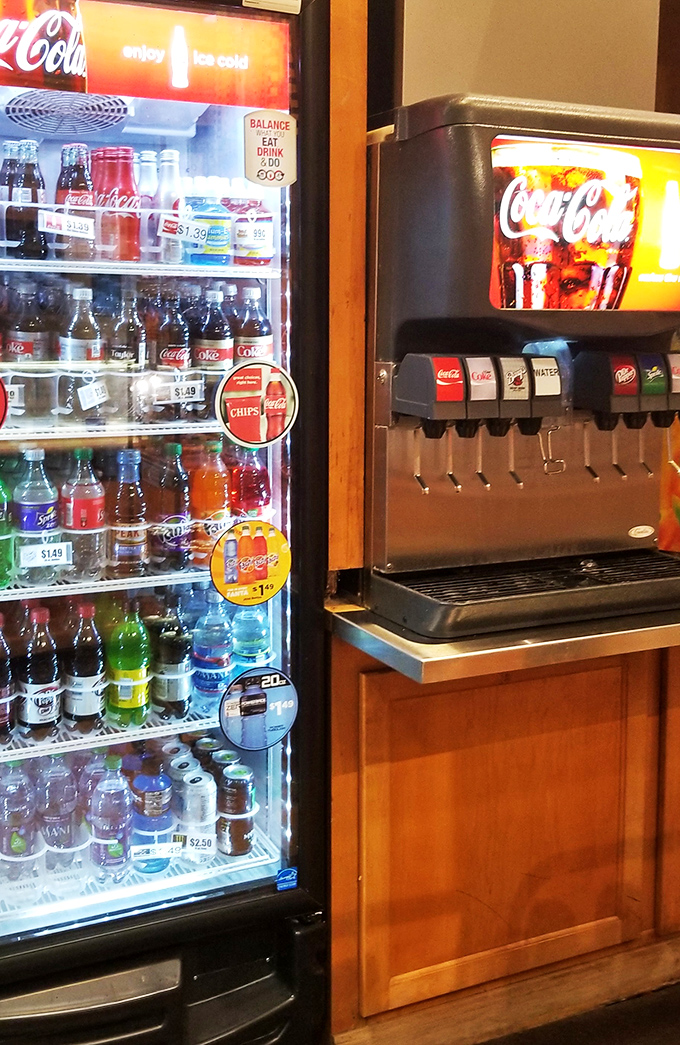 Even the drink station feels nostalgic, offering cold refreshment that pairs perfectly with whatever pecan-laden treasure you've chosen.