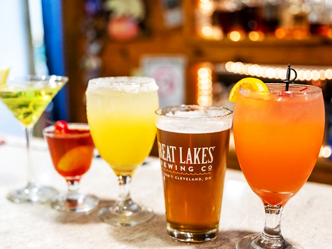 The drink lineup at Bear's Den proves cocktails can coexist with taxidermy. That Great Lakes brew is practically required citizenship for Ohio dining.