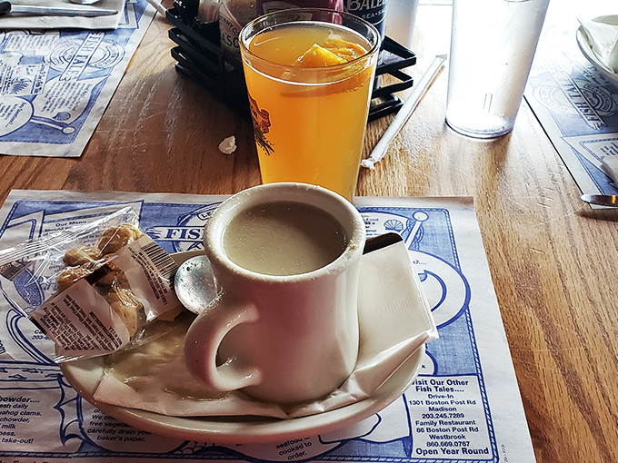 Morning coffee and juice at Lenny & Joe's&mdash;proof that seafood restaurants understand the importance of proper hydration before the main event.