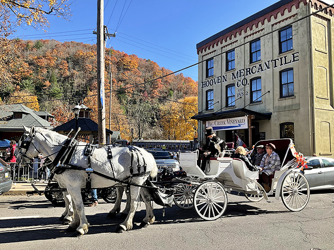 Horse-drawn carriages against fall foliage? It's not a Hallmark movie set&mdash;it's just another perfect autumn day outside the Hooven Mercantile building.