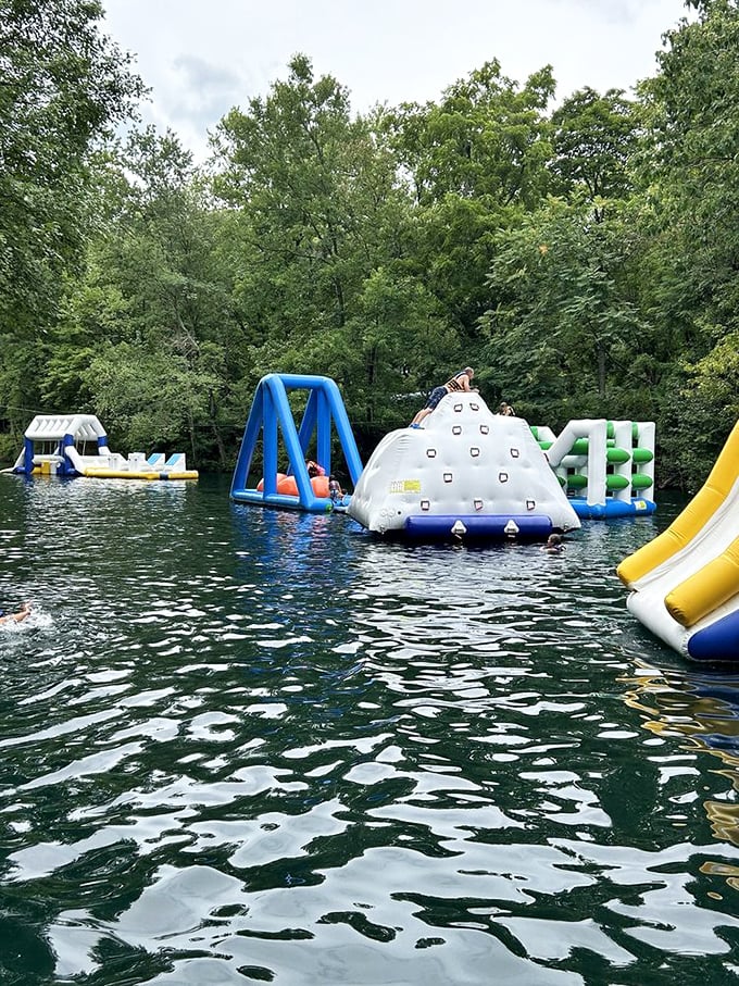 Floating playground paradise! These colorful inflatable mountains and tunnels transform ordinary swimming into an obstacle course worthy of prime-time television.