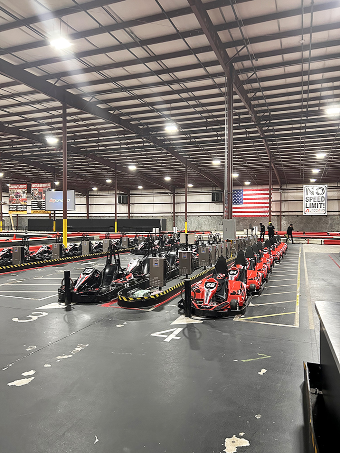 The carbon fiber chariots await their commanders. Each kart silently promising glory, or at minimum, bragging rights over dinner later.