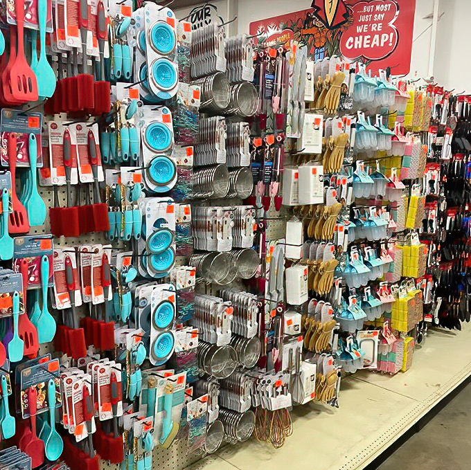 Kitchen utensil heaven spreads before you in a rainbow of colors, where spatulas and measuring cups become impulse buys you'll actually use.