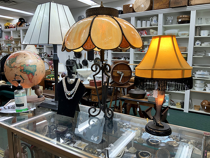 The lamp department: where you'll find everything from "elegant Victorian parlor" to "that's definitely from someone's 1970s basement rec room."