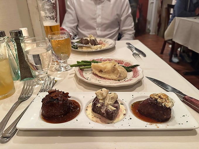 Three small filets become an indulgent trilogy, each topped differently, creating a choose-your-own-adventure of steakhouse excellence on a single plate.