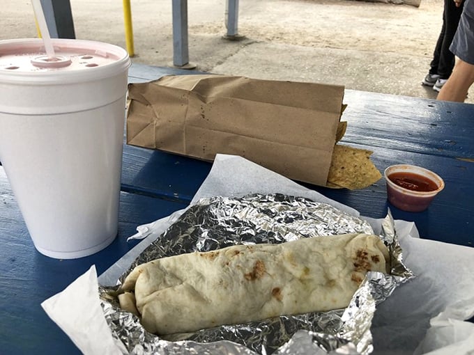 The classic New Mexican lunch setup &ndash; burrito, chips, salsa, and the promise of a very satisfying afternoon nap in your immediate future.