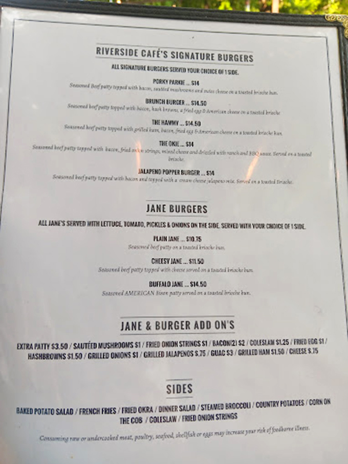 A burger menu that speaks my love language! Riverside Caf&eacute;'s offerings range from "The Savvy" to "The One" &ndash; each promising a different path to satisfaction.