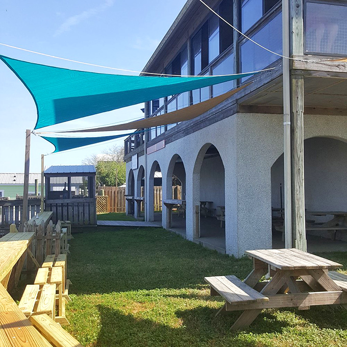 Outdoor dining under turquoise sails, where picnic tables and Gulf breezes create the perfect no-pretense atmosphere for serious eating.
