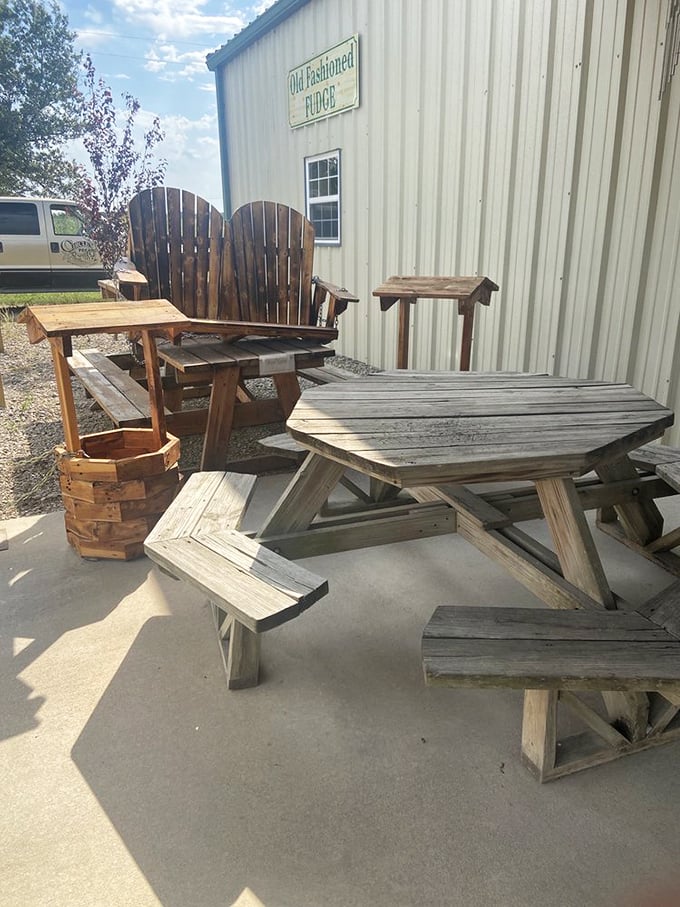 Adirondack chairs on the porch invite you to sit a spell. The perfect spot for contemplating life's big questions or just enjoying a pecan roll.