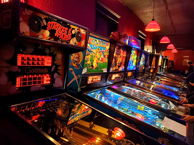 Row after glorious row of pinball wizardry, where Strike Zone meets Sea Tales in a temple of analog entertainment that digital recreation can't touch.